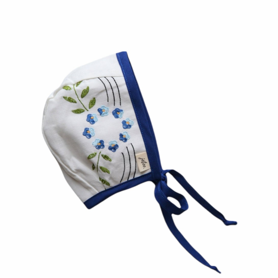 Embroidered Baby Bonnet, Upcycled Materials, White Bonnet and Blue Trim ...