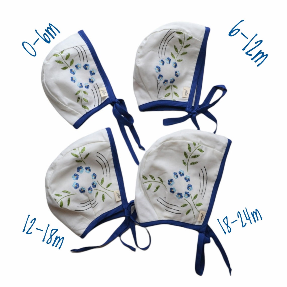 Embroidered Baby Bonnet, Upcycled Materials, White Bonnet and Blue Trim ...