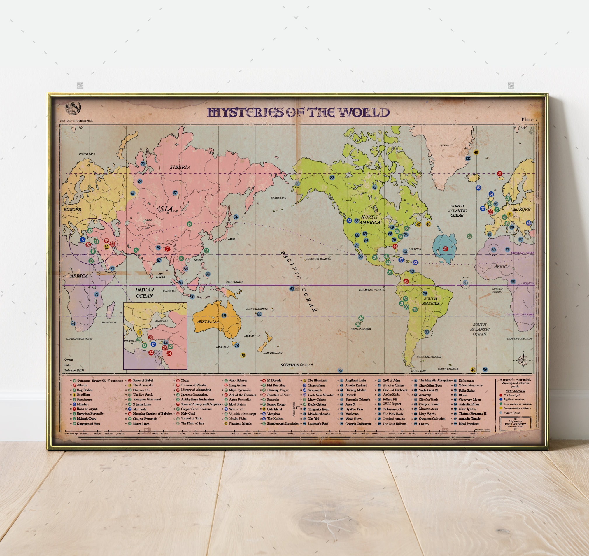 Mysteries of the World Map, Conspiracy Print, Ancient Map, Unique Map ...