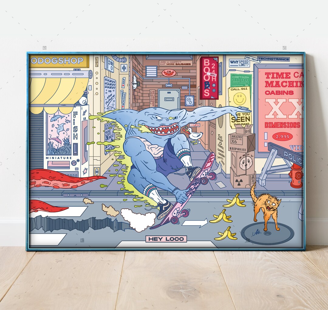 Hey Loco, Skateboard Poster, Shark Wall Art, Arcade Game Illustration ...