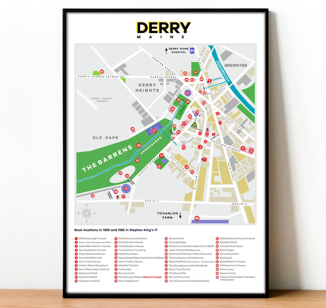Derry Maine It Map Print, Stephen King It Wall Art Print, Terror Print ...
