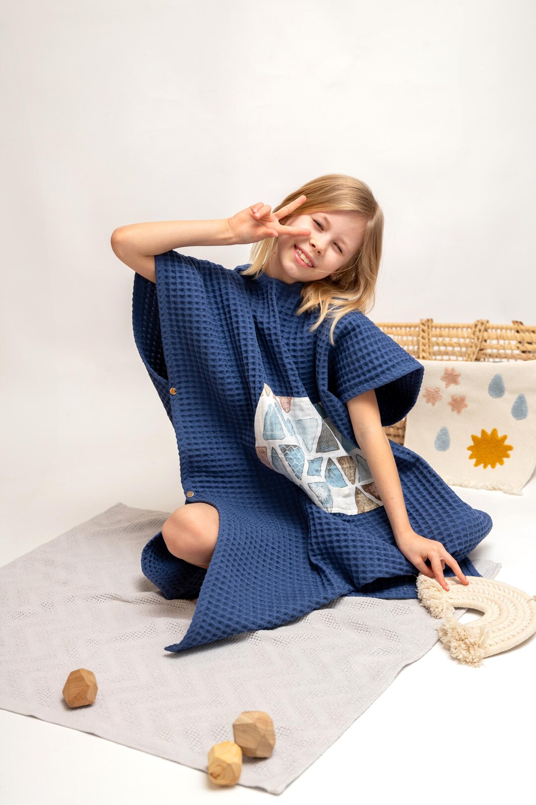 Kids Waffle Poncho With Waffle Hood - Soft Cotton Terry Towel for Bath ...