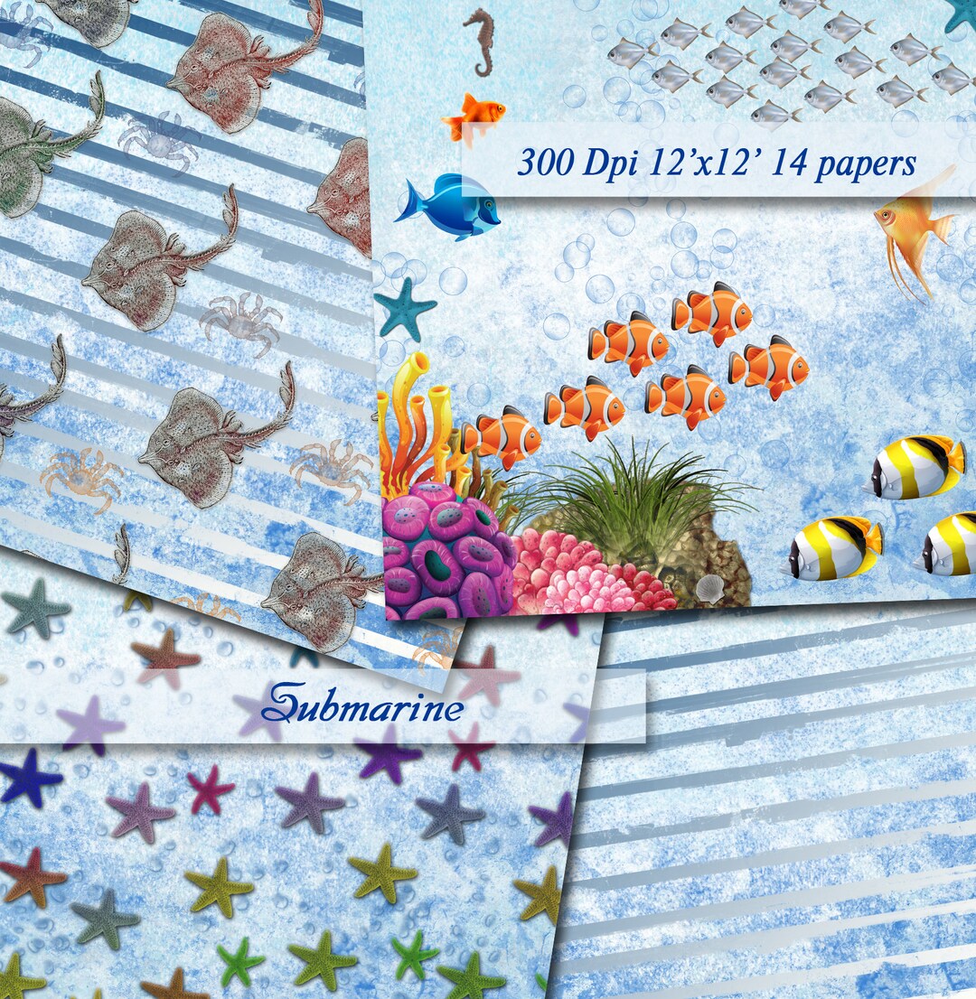 Ocean Submarine Nautical Fish Seashell Digital Papers Scrapbooking ...