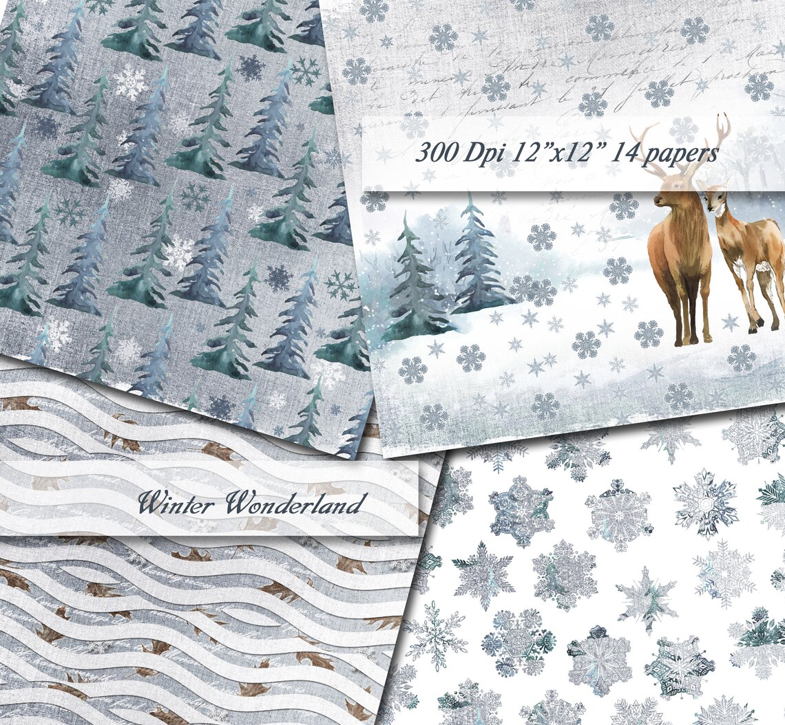 Winter Wonderland Deer Pine Watercolor Digital Papers Scrapbooking ...