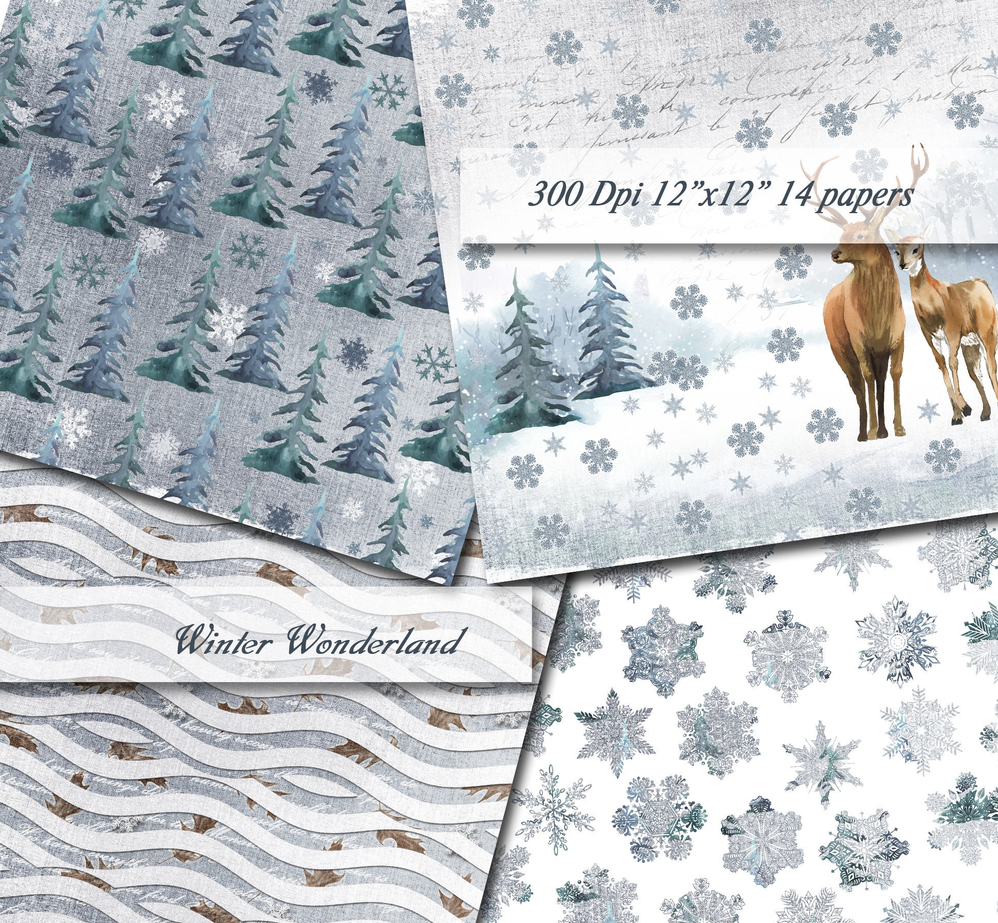 Winter Wonderland Deer Pine Watercolor Digital Papers Scrapbooking ...