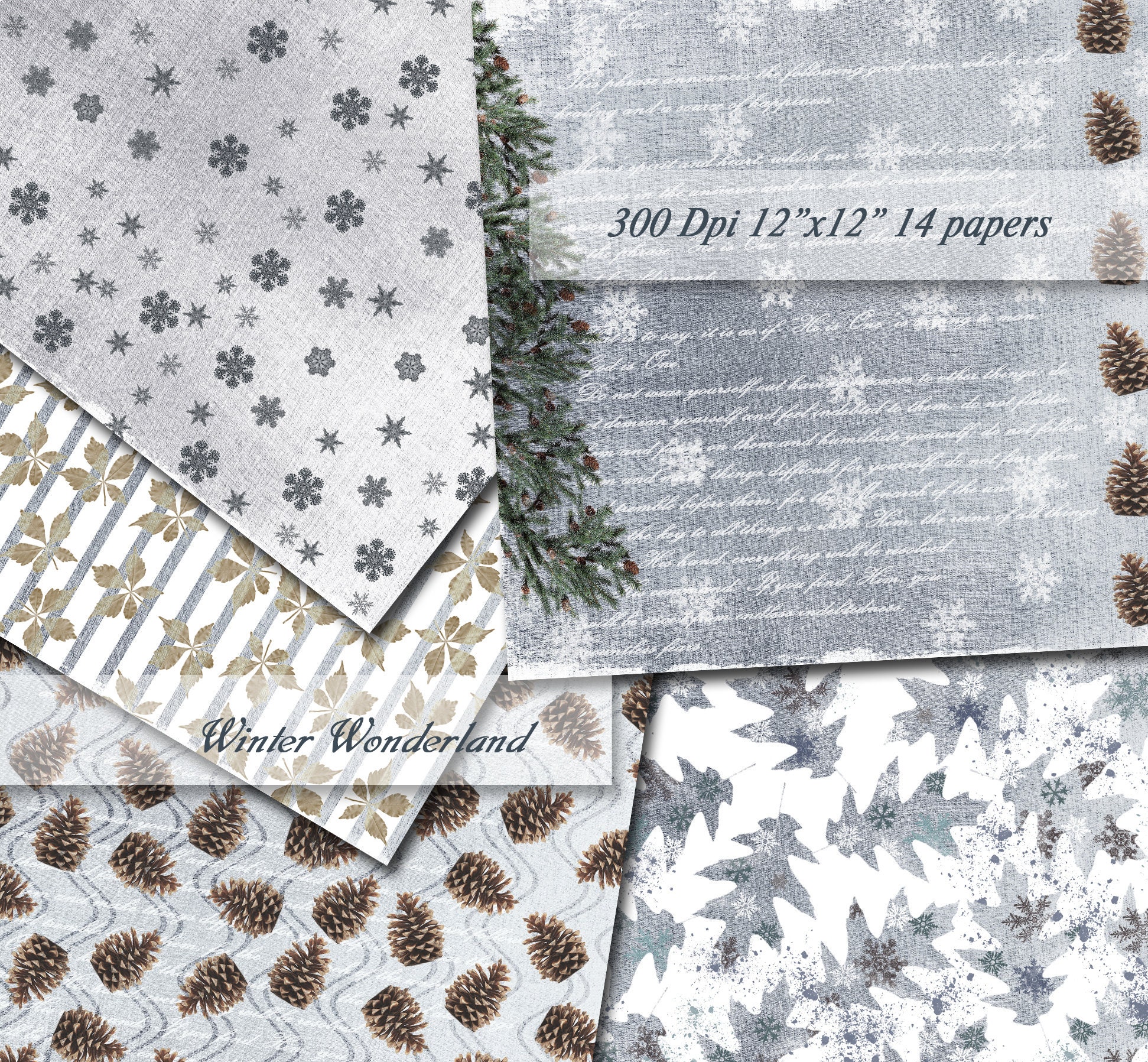 Winter Wonderland Deer Pine Watercolor Digital Papers Scrapbooking ...