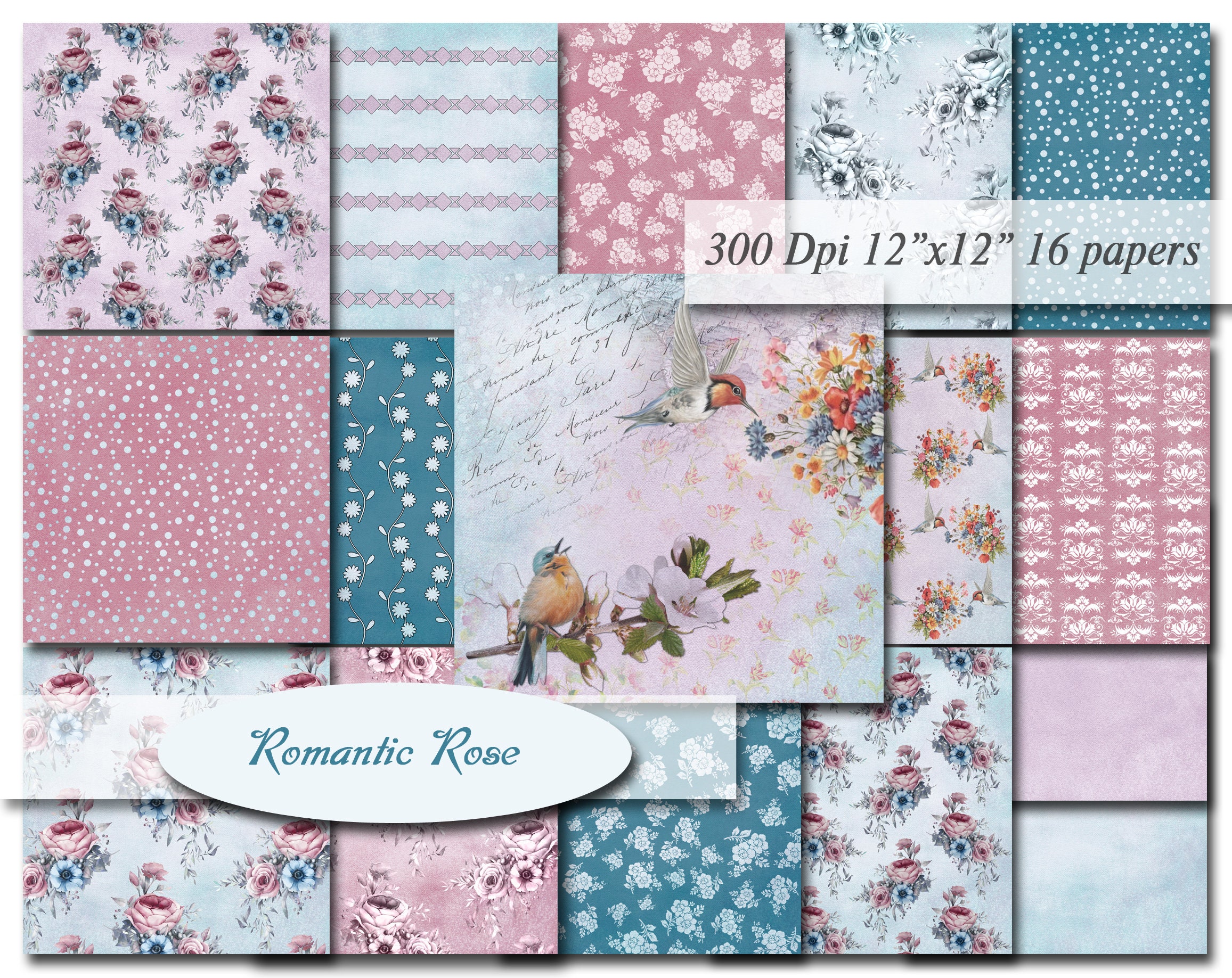Romantic Rose Digital Papers Scrapbooking Green Pink Brown Paper ...