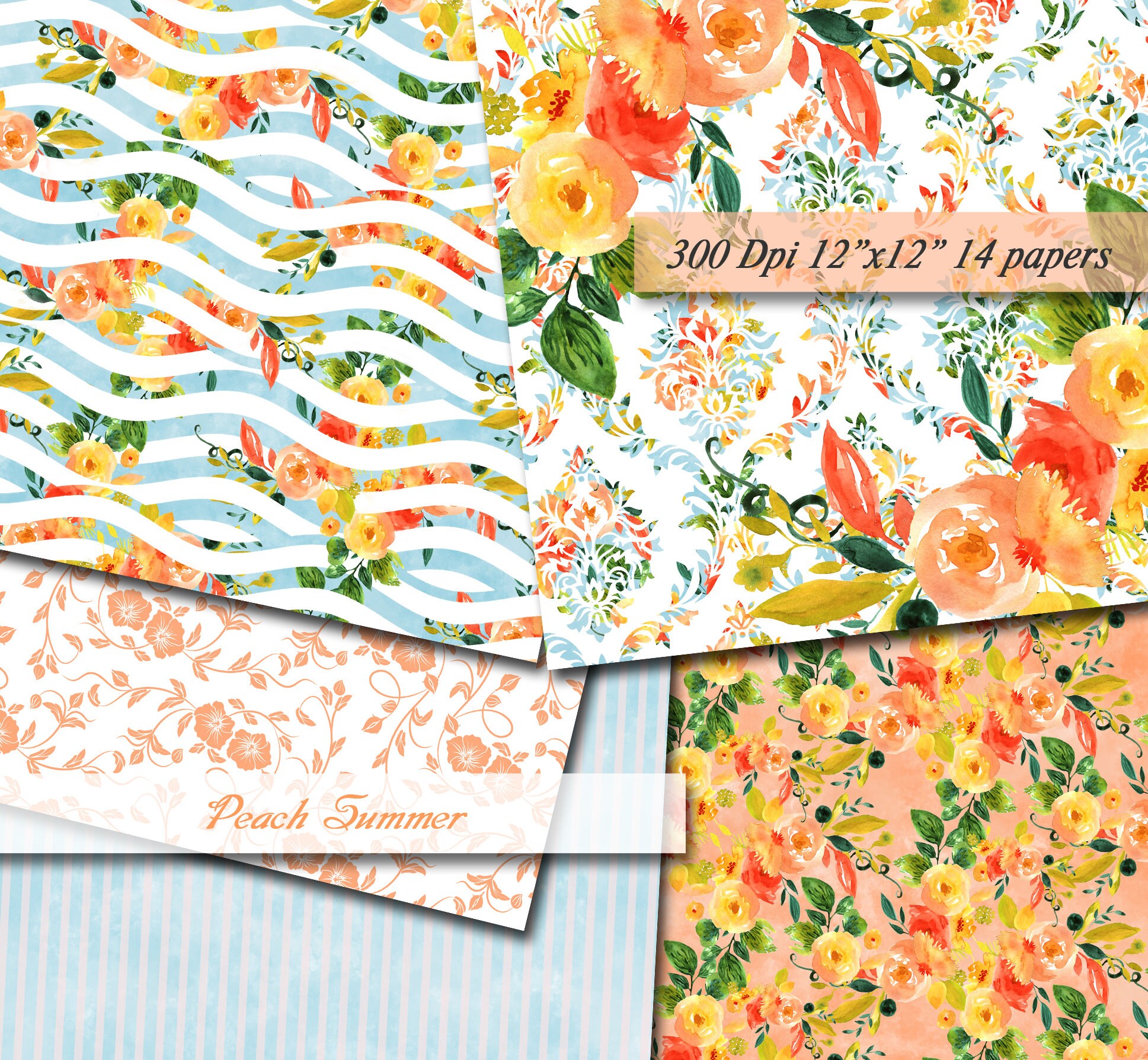 Peach Summer Watercolor Digital Papers Scrapbooking Peach Blue Floral ...