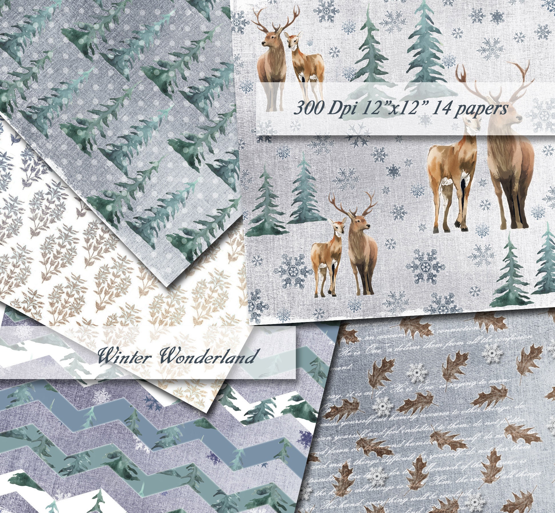 Winter Wonderland Deer Pine Watercolor Digital Papers Scrapbooking ...