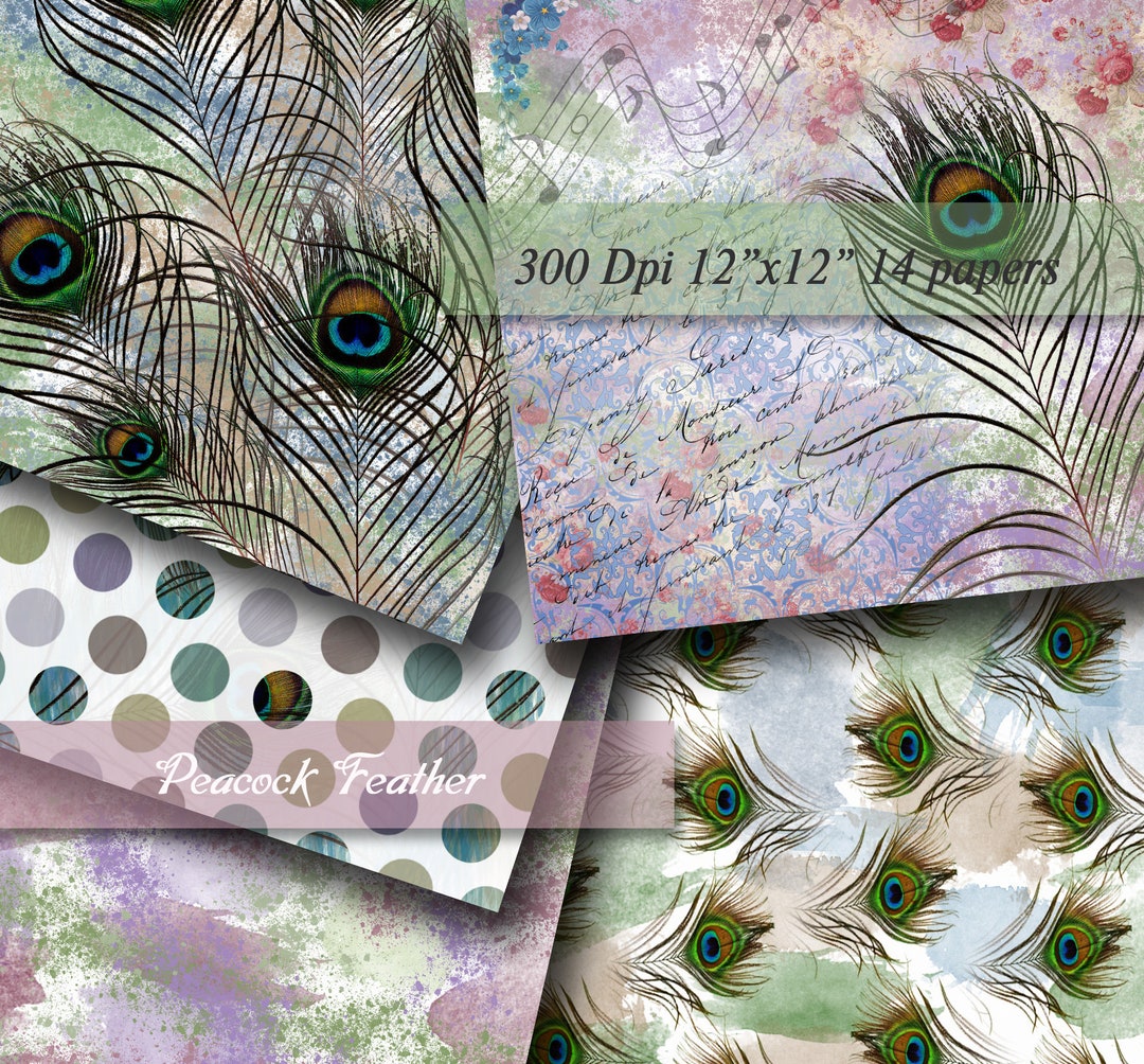 Peacock Feather Watercolor Digital Papers Scrapbooking Blue Green ...