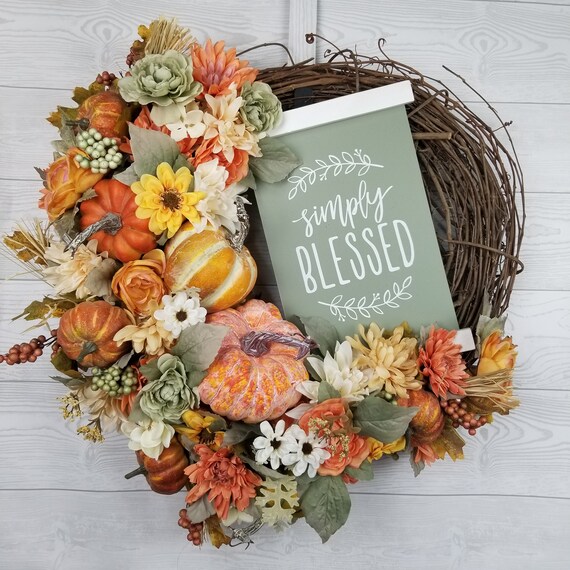 Fall Wreath Fall Welcome Wreath Simply Blessed Wreath Front | Etsy