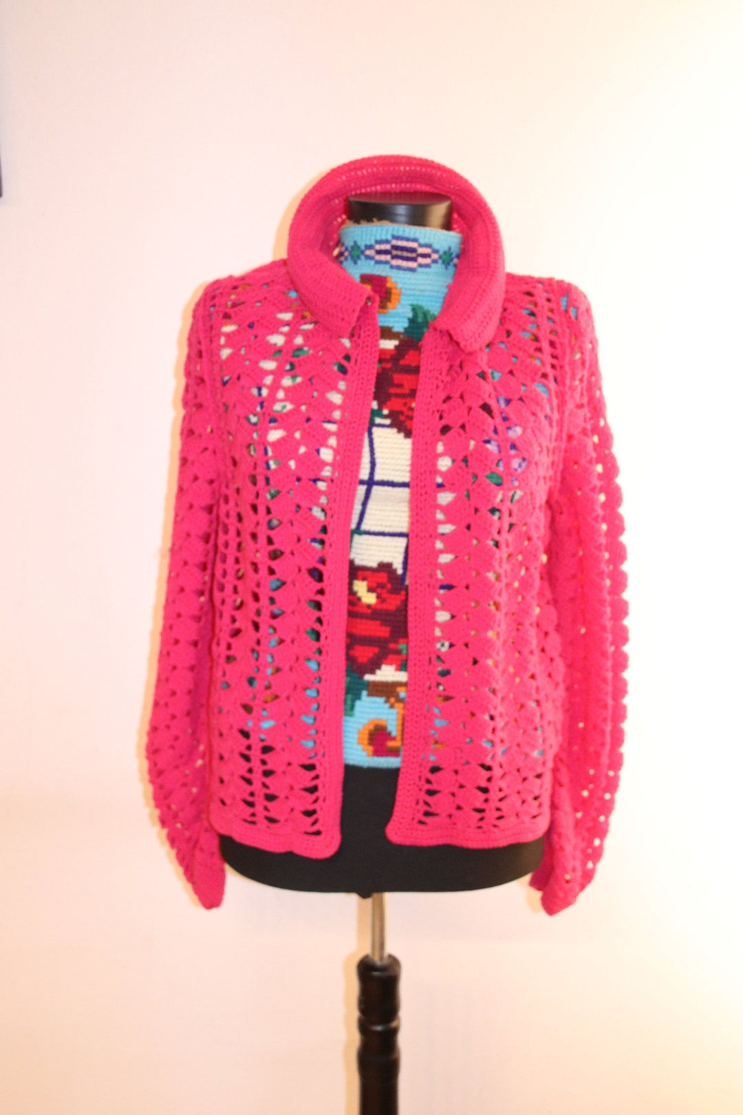 Fuchsia Cardigan , Hand Crochet Pink Cardigan , Crochet Cotton Cardigan ...