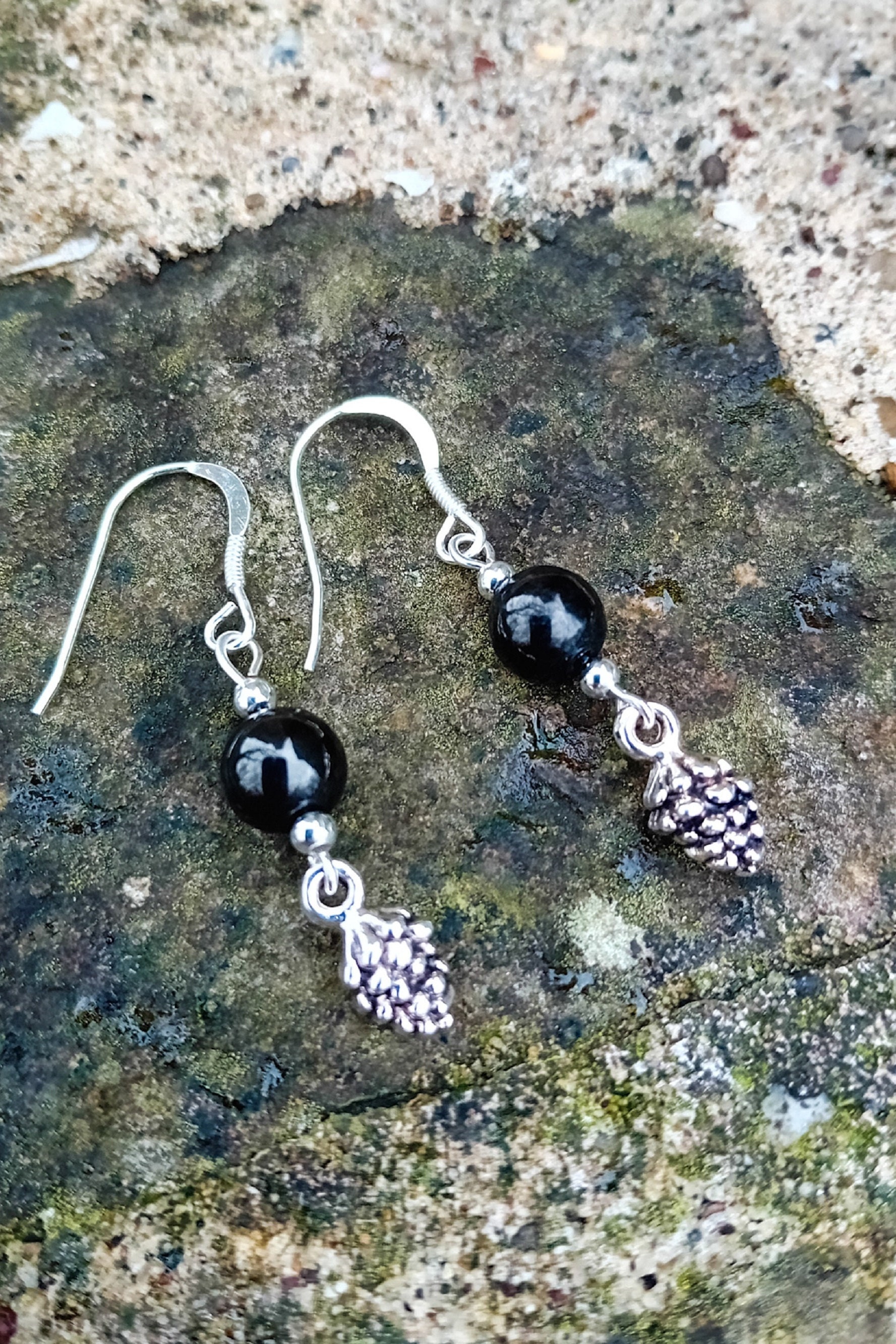 Whitby Jet Gemstone Pine Cone Earrings, Silver Nature Woodland Semi ...