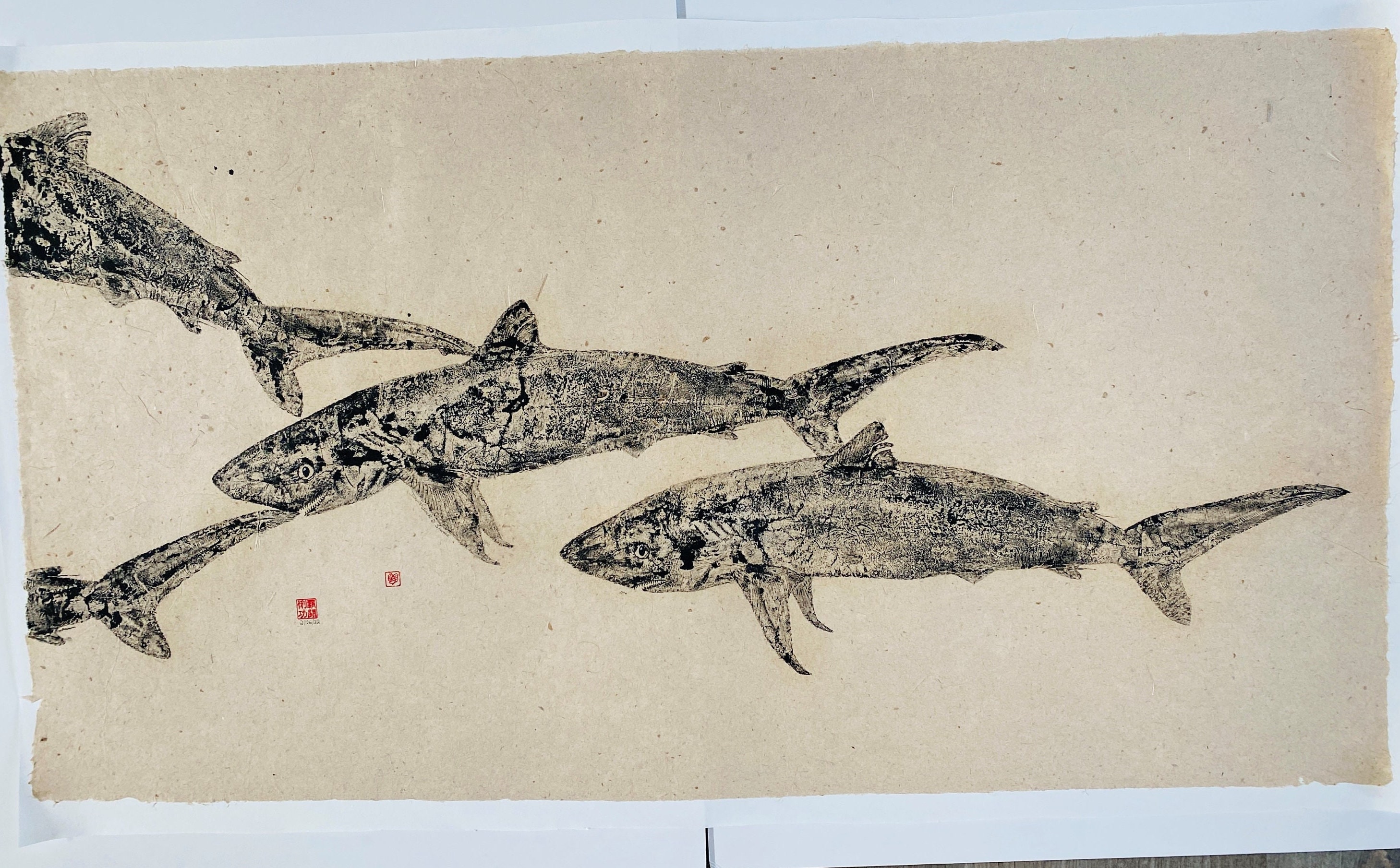Shark School - Gyotaku - Japanese Fish Print - Japanese Art - Fish ...