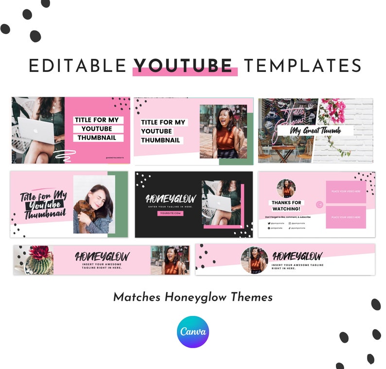 Feminine Youtube Templates for Canva (banner, Thumbnail, Intro, Outro ...