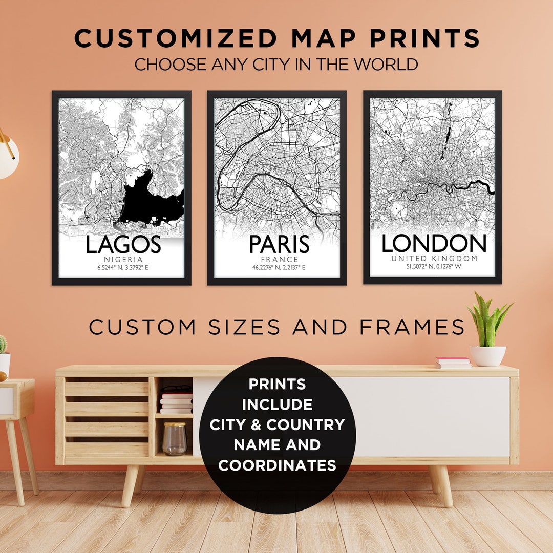 Customized Set of 3 Modern Maps of Any City, Custom Location Office ...