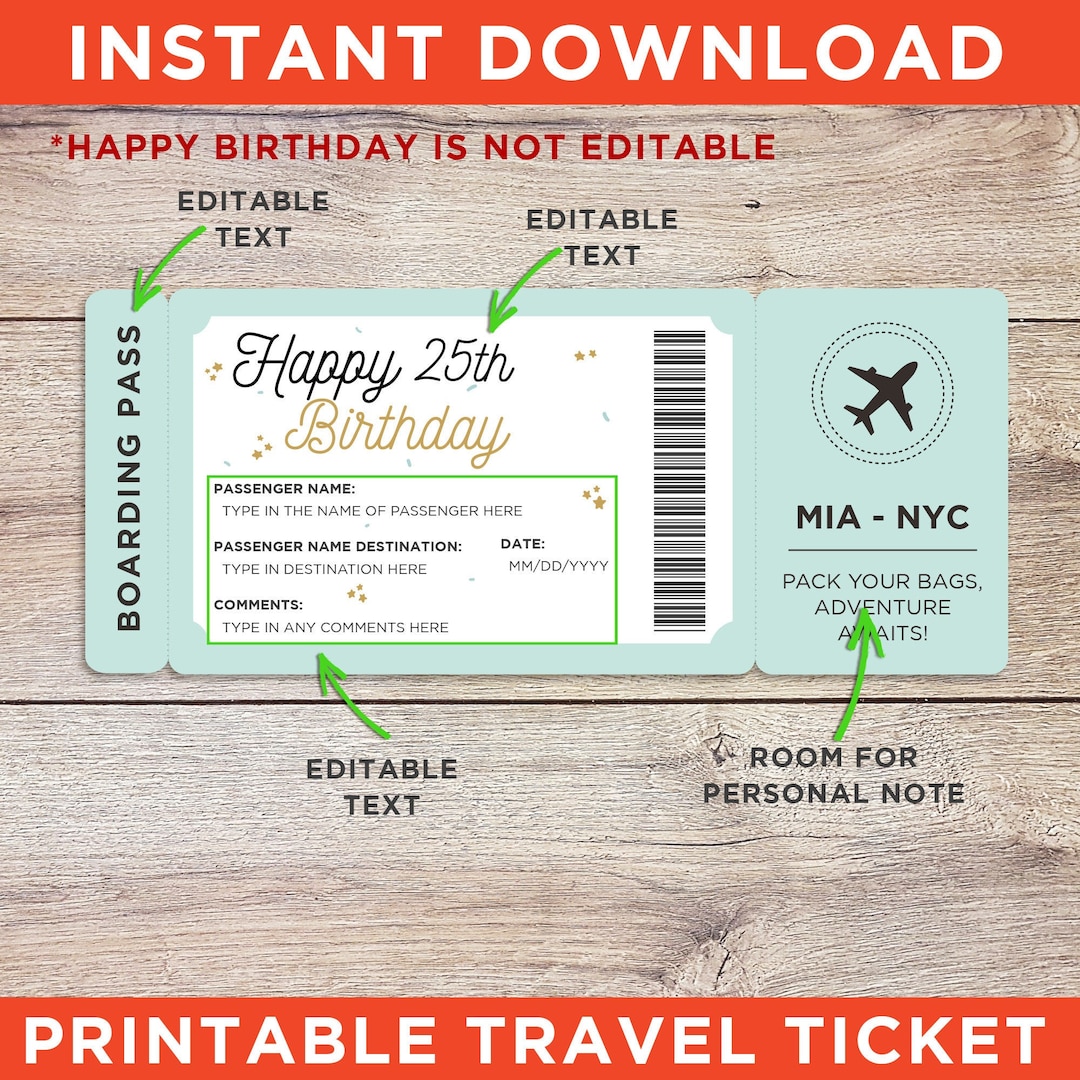 Birthday Ticket Template: Personalized Plane Ticket. Printable Birthday ...