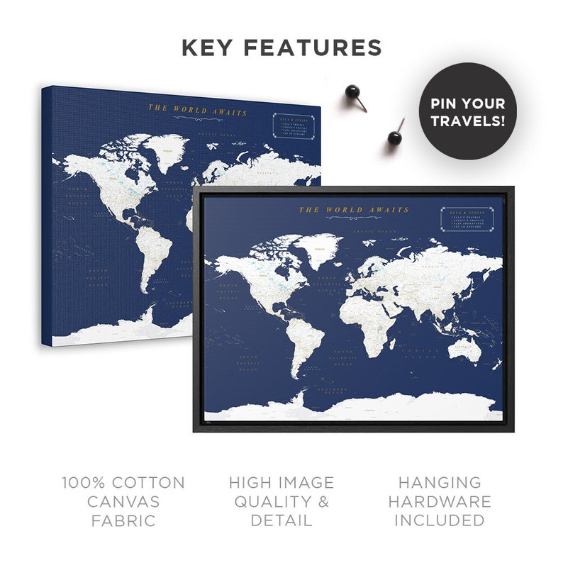 Custom Push Pin Map, World Push Pin Personalized Map, Travel Tracking ...