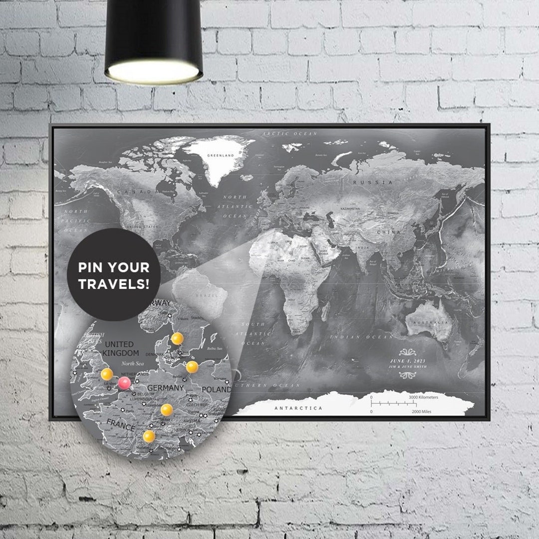 Modern Black & White Push Pin Map, Modern Slate Style Map Poster, Large ...