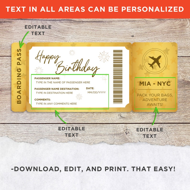 Golden Ticket Birthday Card: Happy Birthday Boarding Pass Template ...