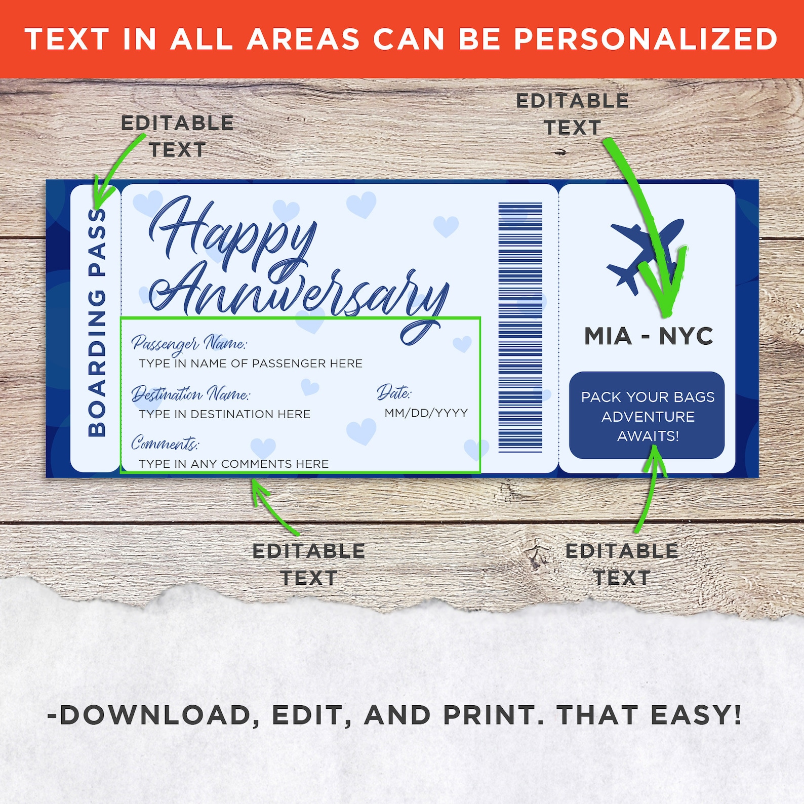 Printable Anniversary Ticket: Surprise Trip Boarding Pass. Customizable ...