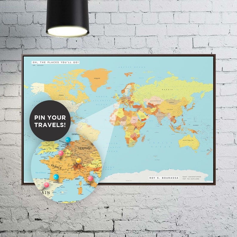 Blue Push Pin World Map Personalized Canvas Art Custom Travel - Etsy