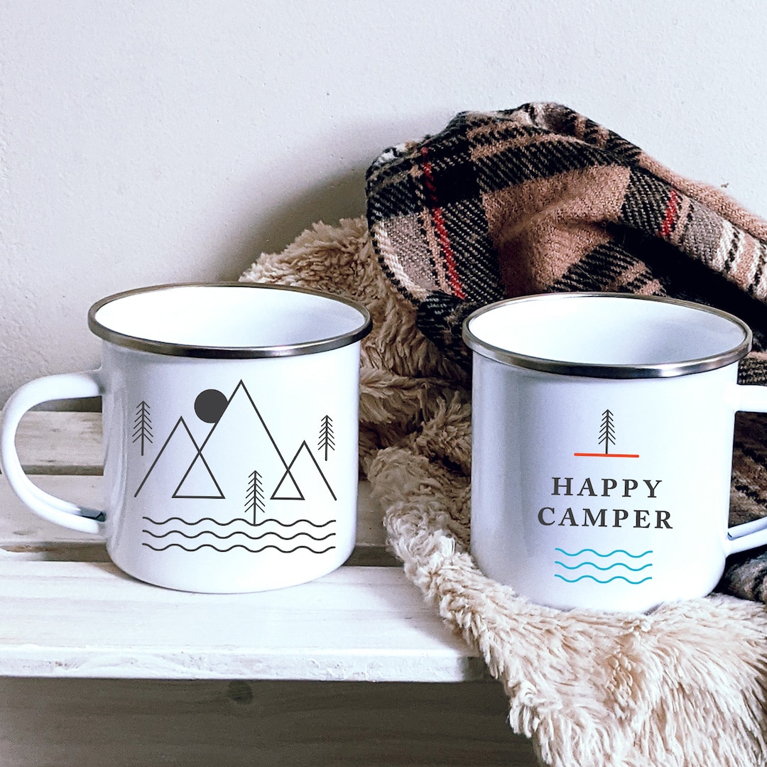 Set of TWO Happy Camper Enamel Camping Mugs - Campfire Mug. Best Open ...
