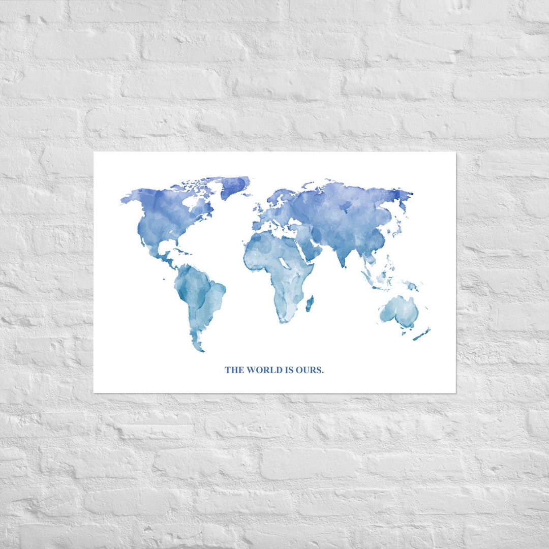 Neutral Tone Blue World Map Printable, Earth Tone Blue Modern Print ...