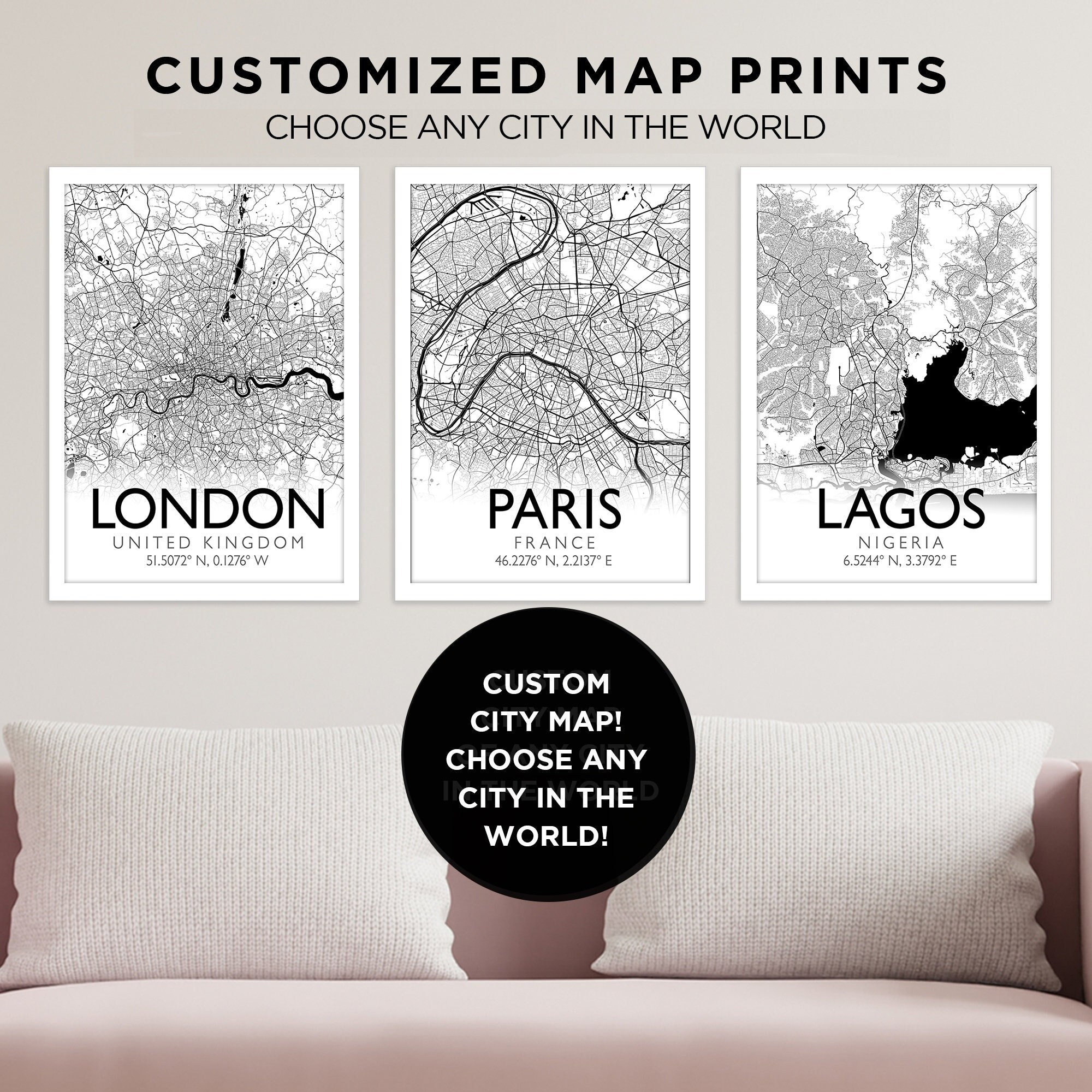 Customized Set of 3 Modern Maps of Any City, Custom Location Office ...