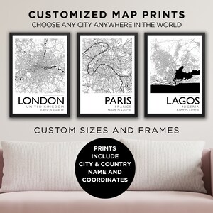 Customized Set of 3 City Maps, Three Panel Custom Location Maps for ...