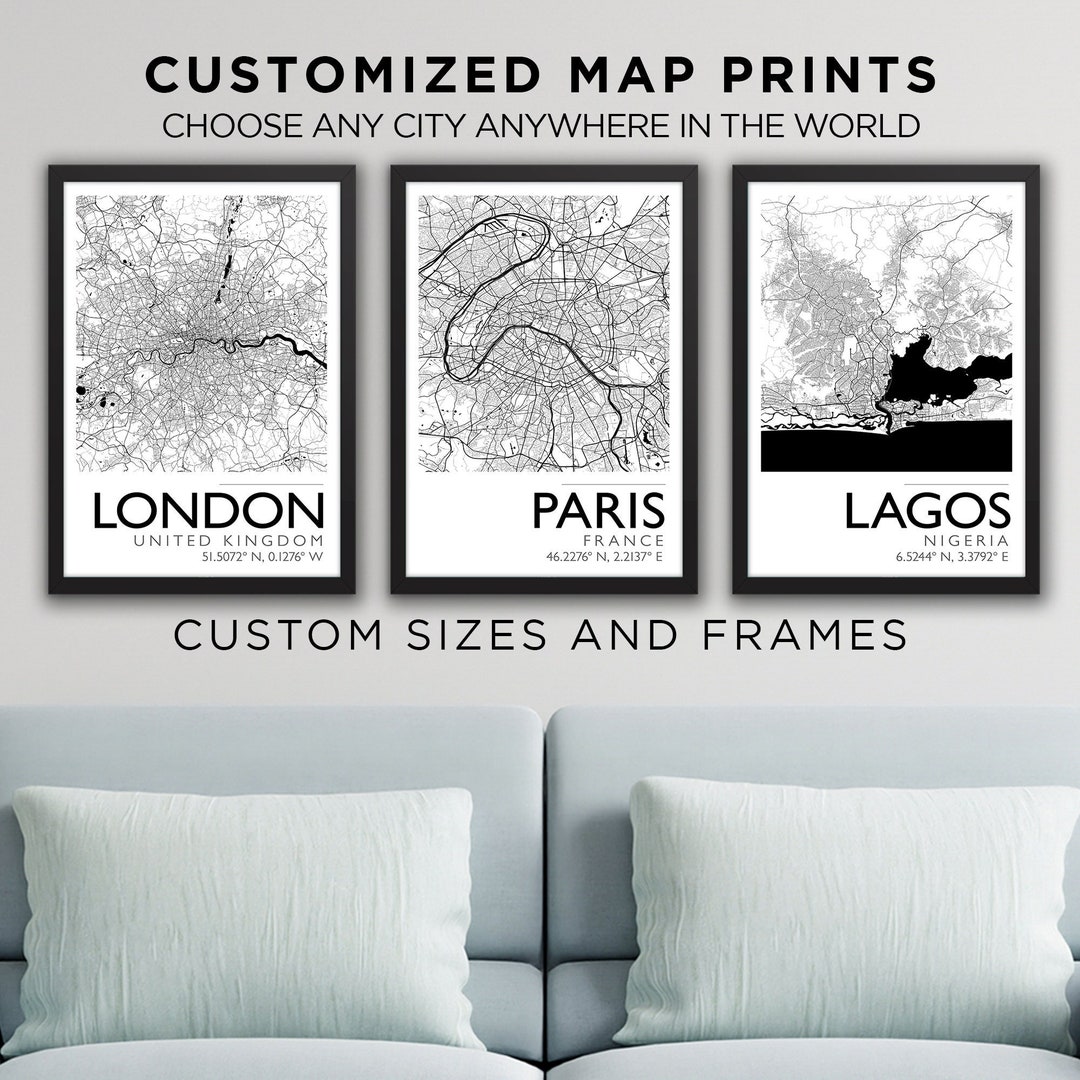 Customized Set of 3 City Maps, Three Panel Custom Location Maps for ...