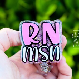 RN MSN, Pink Glitter Badge Reel, Badge Holder, Retractable ID, Lanyard ...