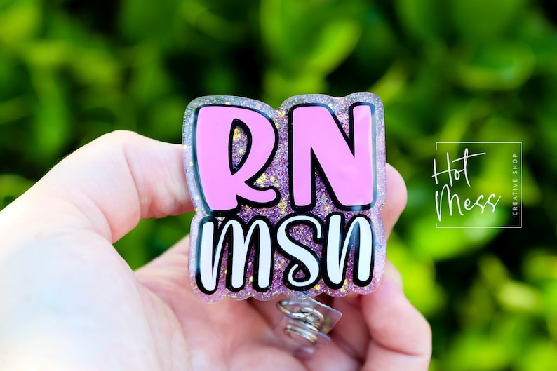 RN MSN, Pink Glitter Badge Reel, Badge Holder, Retractable ID, Lanyard ...