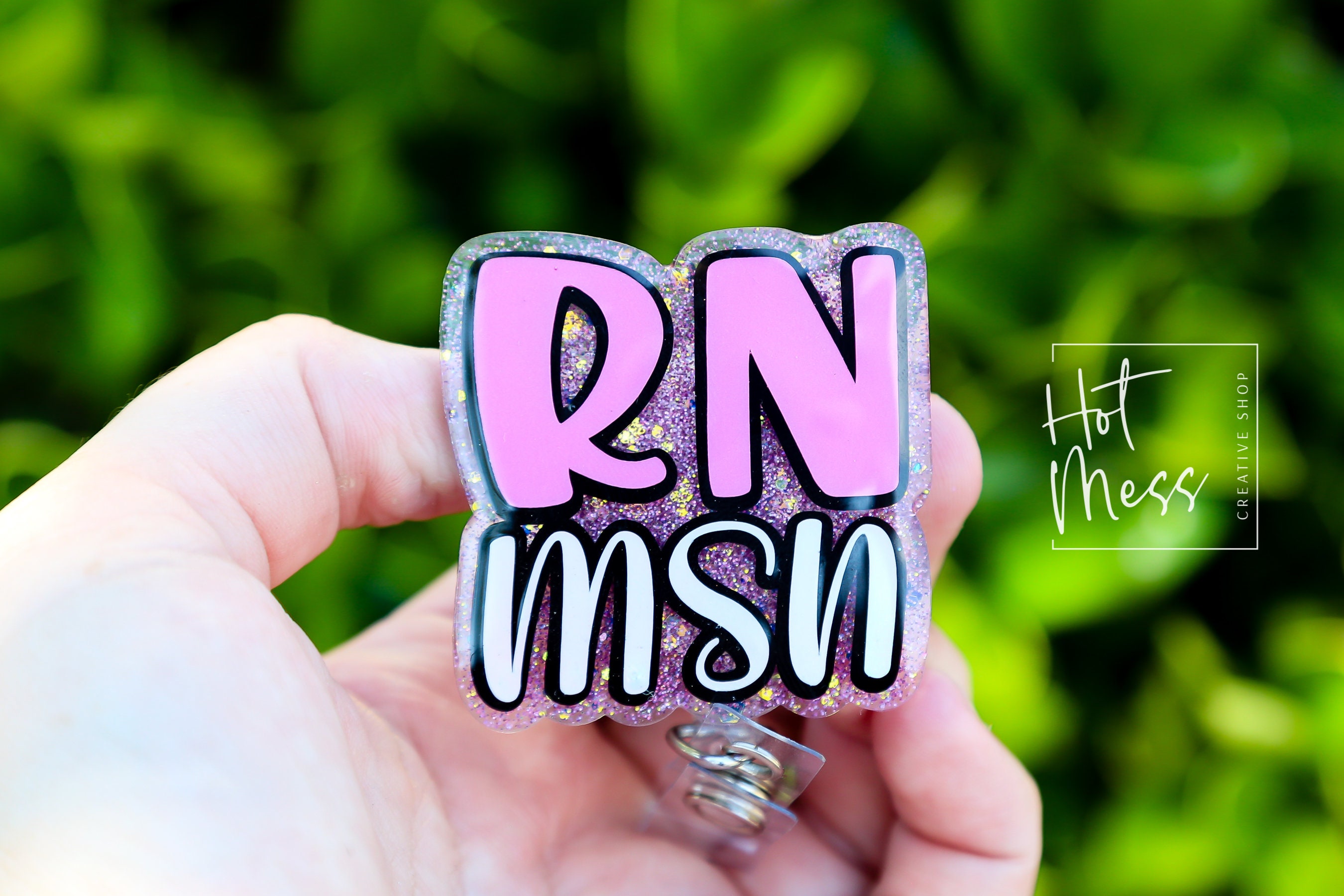 RN MSN, Pink Glitter Badge Reel, Badge Holder, Retractable ID, Lanyard ...