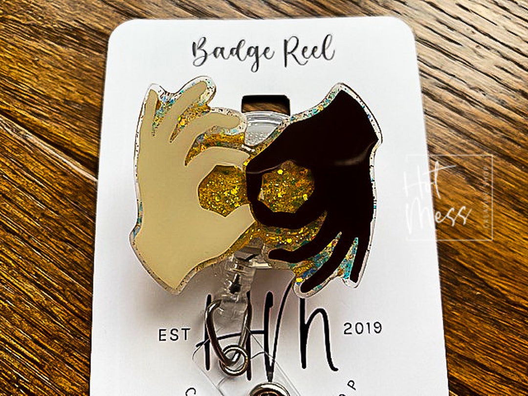 Gold ASL Badge Reel, Sign Language ID Holder, Retractable Acrylic Badge ...