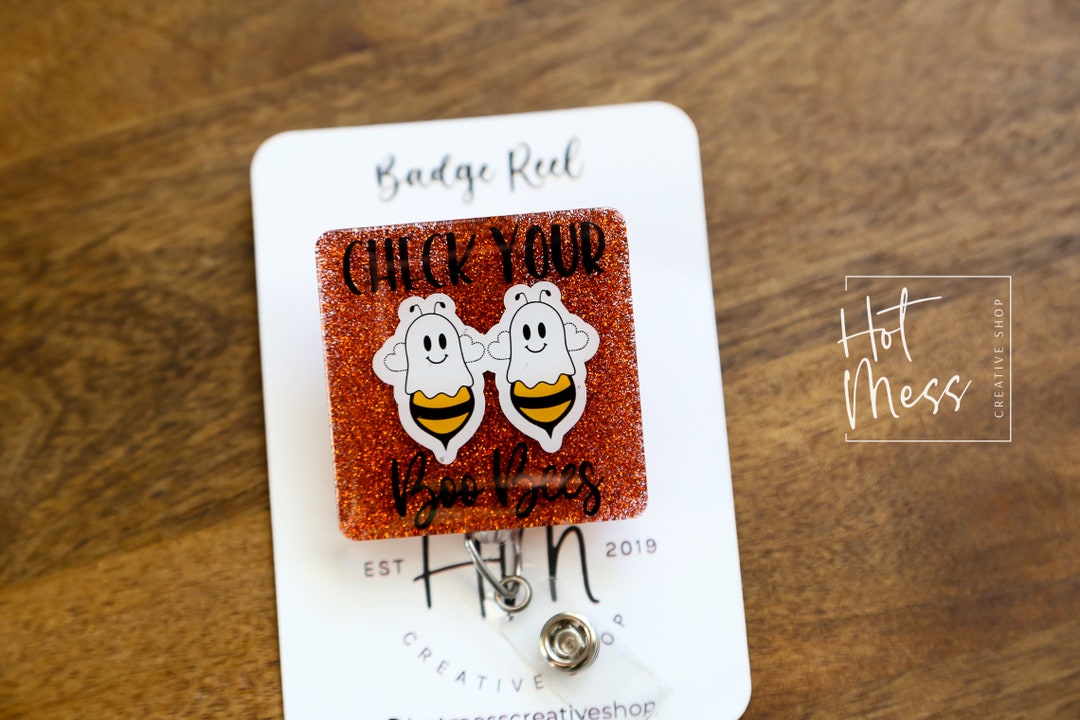 Check Your Boo Bees Badge Reel, Halloween Badge Reel, Breast Cancer ...
