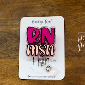RN MSN, Pink Glitter Badge Reel, Badge Holder, Retractable ID, Lanyard ...