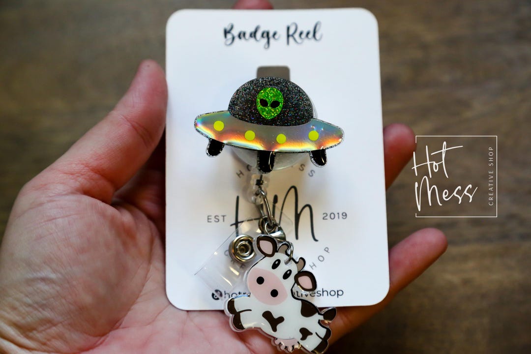 UFO With Cow Badge Reel, RN Id Holder, Retractable Acrylic Badge Reel ...