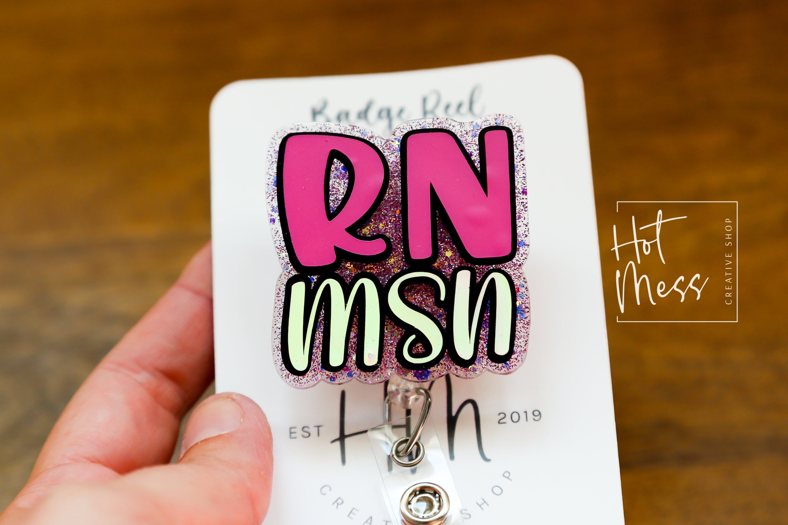 RN MSN, Pink Glitter Badge Reel, Badge Holder, Retractable ID, Lanyard ...