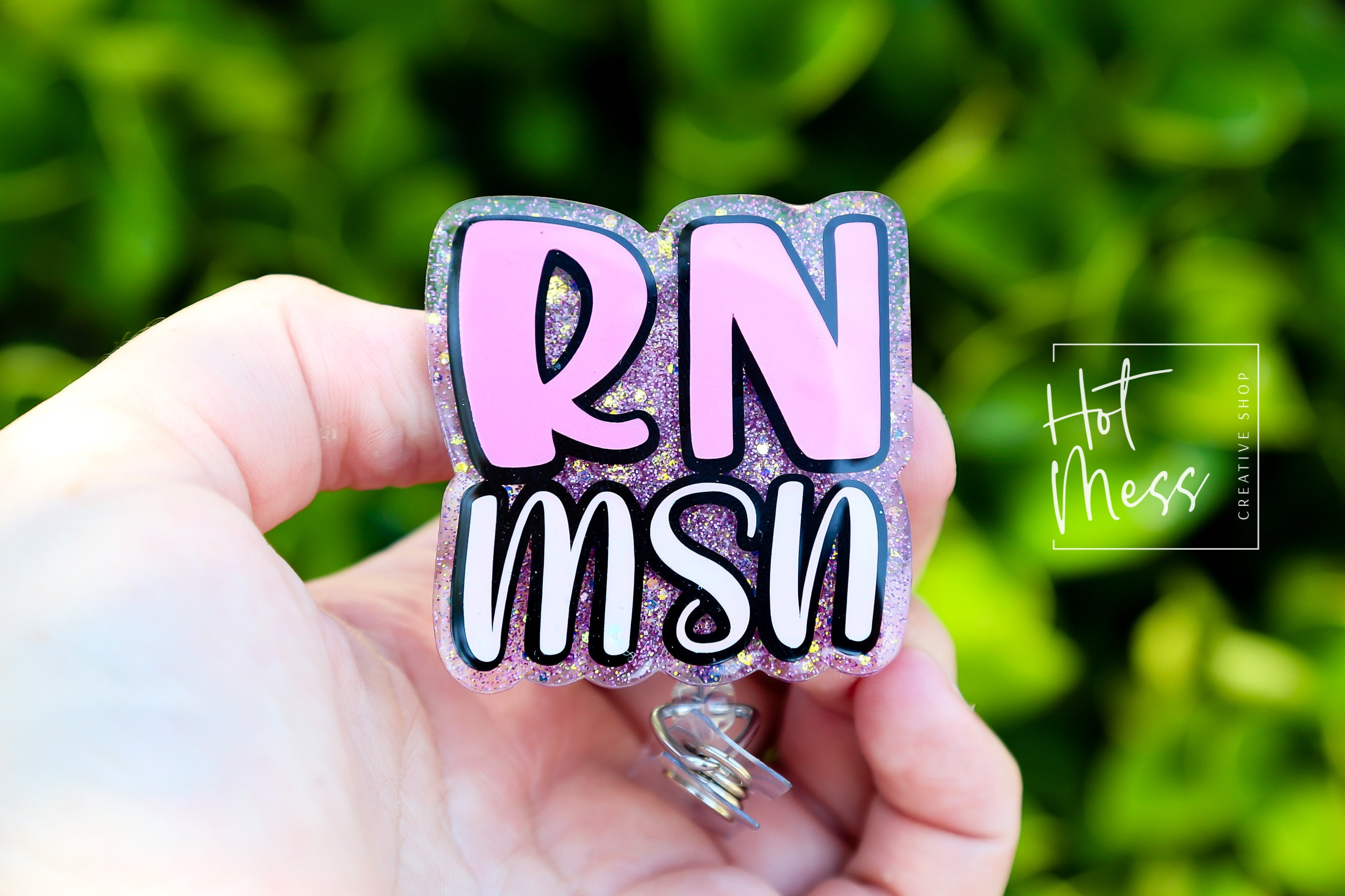 RN MSN, Pink Glitter Badge Reel, Badge Holder, Retractable ID, Lanyard ...