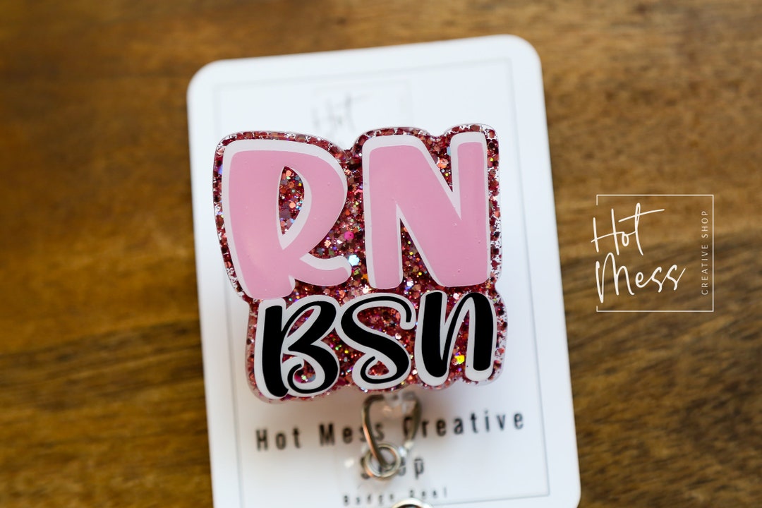 RN BSN, Pink Glitter Badge Reel, Badge Holder, Retractable ID, Lanyard ...