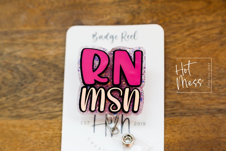 RN MSN, Pink Glitter Badge Reel, Badge Holder, Retractable ID, Lanyard ...