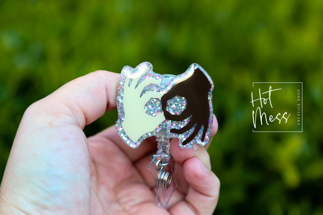 Silver ASL Badge Reel, Sign Language ID Holder, Retractable Acrylic ...