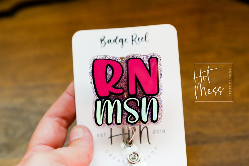 RN MSN, Pink Glitter Badge Reel, Badge Holder, Retractable ID, Lanyard ...