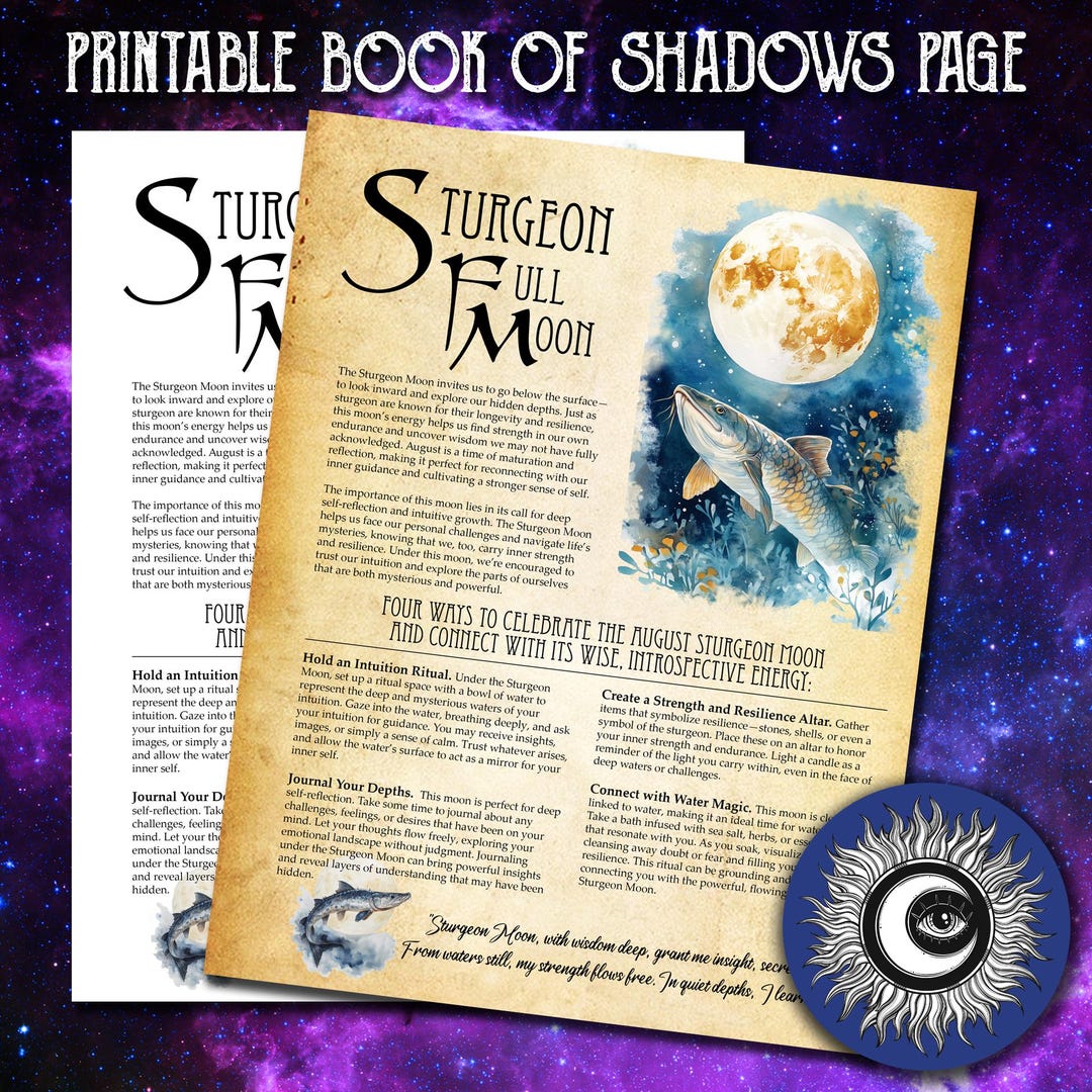 August Sturgeon Full Moon Printable Book of Shadows Page - Digital Printable Grimoire Page ...