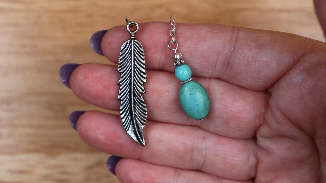 Silver Feather and Turquoise Dyed Halite Pendulum With Gift Bag ...
