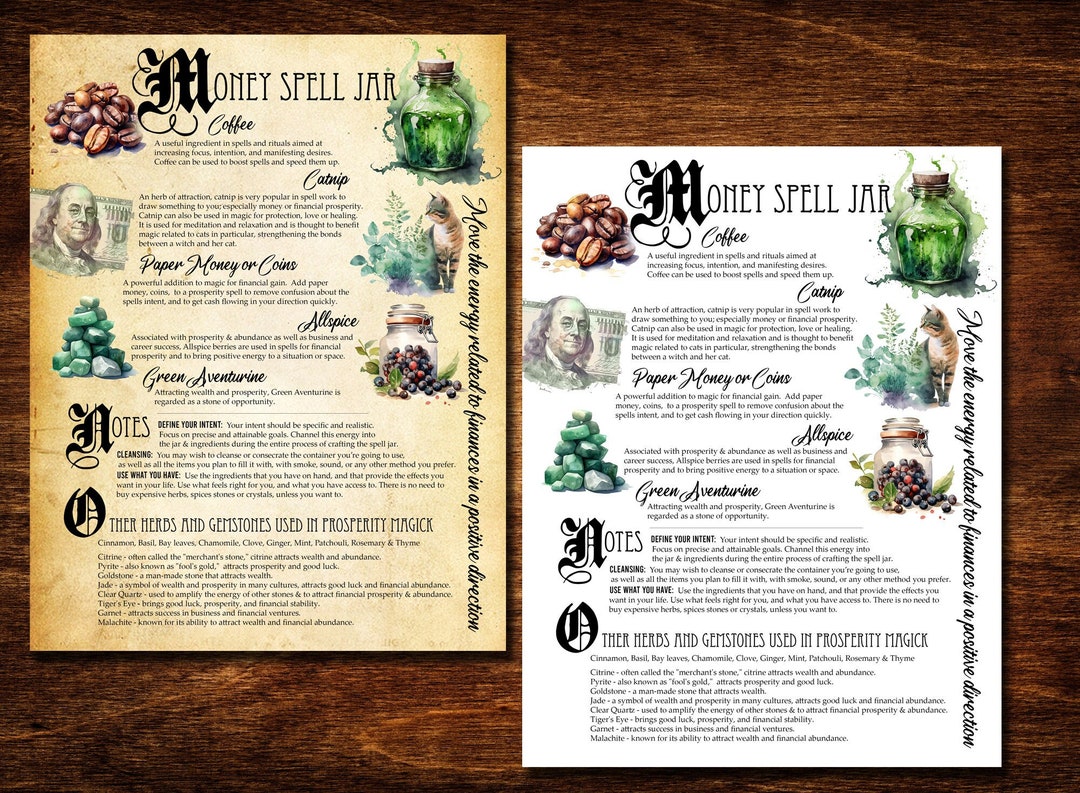 Money Spell Jar Printable Book of Shadows Page - Spell Bottle Recipe ...