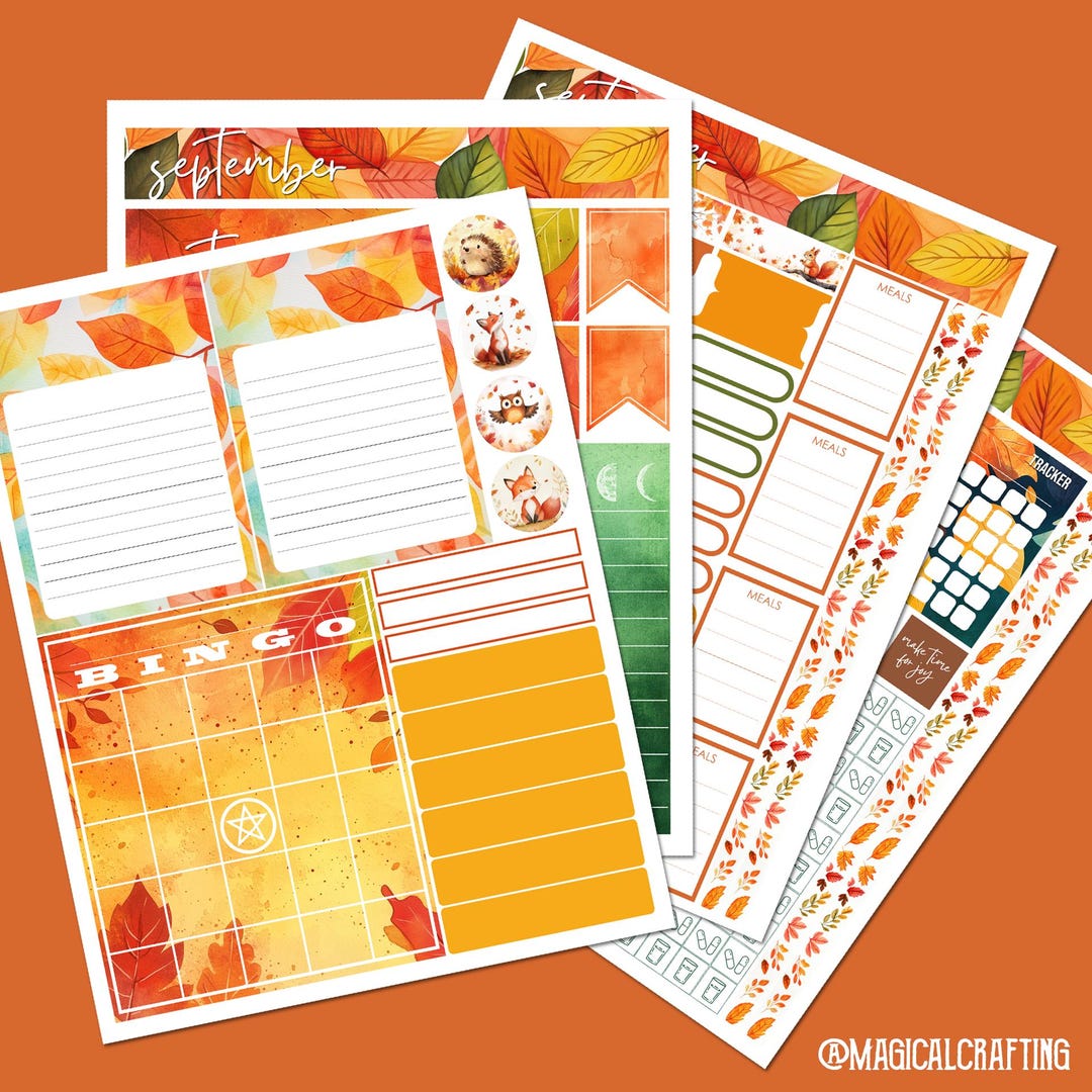 September Planner Stickers – Autumn Leaves, Trackers, Bingo (digital ...