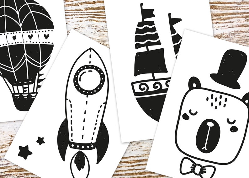 Whimsical High Contrast Baby Cards, Printable Baby Art Cards, Visual ...