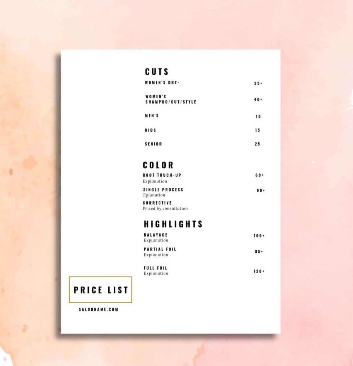 Salon Price List | Etsy